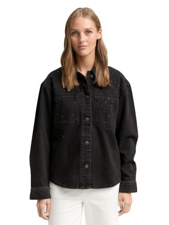 Tom Tailor Damen 1049117 Jeansjacke mit Strass, 10263-Black Stone Wash Denim, XL