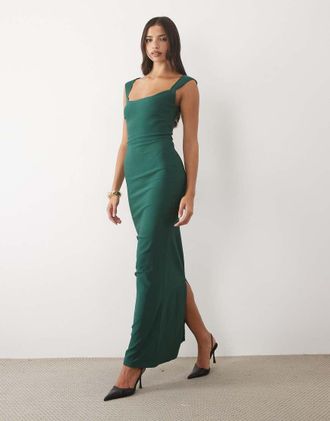 Vesper Robe longue en bengaline &agrave; encolure carr&eacute;e - Vert forestier-Rouge