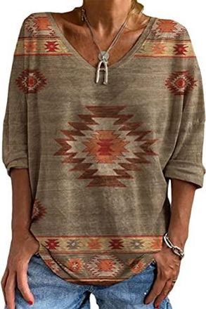 Onsoyours Femme Vintage Imprim&eacute; Chic Col en V 3/4 Manches Shirts &Eacute;l&eacute;gant Imprim&eacute; Tops Blouse Mode Casual Loose Tunique Tops Hauts T-Shirts F Gris M