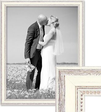 Photolini Bilderrahmen Shabby-Chic Landhaus-Stil Weiss 40x50 cm Massivholz mit Glasscheibe und Zubehör/Fotorahmen