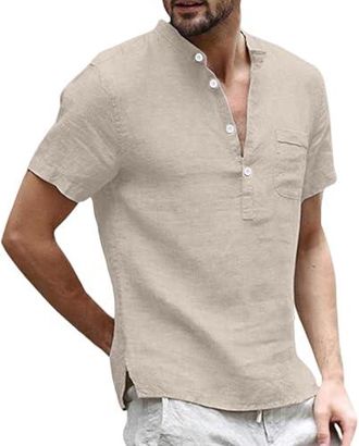 Generic Chemise d&eacute;t&eacute; boutonn&eacute;e en lin pour homme - Chemise d&eacute;t&eacute; en coton et lin - Chemise de plage l&eacute;g&egrave;re - &Eacute;l&eacute;gante chemise de vacances - Chemise &agrave; manches l