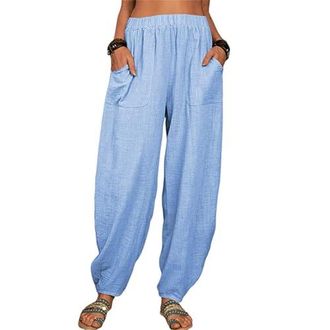 Generic Pantalon de plage haut décontracté pour femme, pantalon dété ample en lin, pantalon sarouel large pour les vacances, avec poches, pour la plage, bleu,