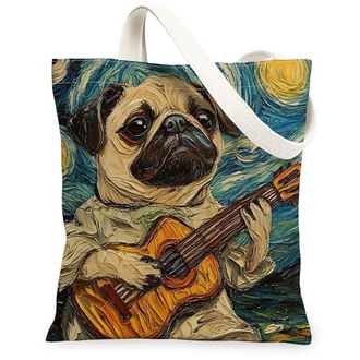 Generic Sac fourre-tout en toile pour faire du shopping avec motif carlin 33 x 38,1 cm, motif guitare nocturne &eacute;toil&eacute;e, sac d&eacute;picerie r&eacute;utilisable pour femme,