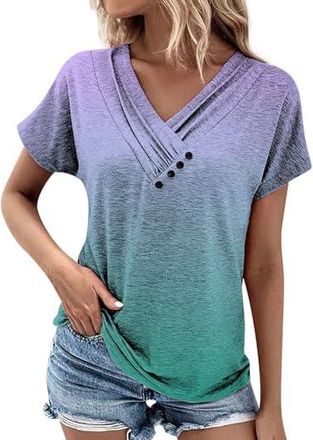Generic Hauts dété pour femmes 2024 - Col en V - Manches courtes - Style bohème - Décontracté - Ample et confortable, violet, XXL
