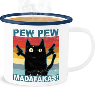 Shirtracer Emaille Becher Blechbecher - Statement - Pew Pew Madafakas pewpewpew - 300 ml - Weiß Blau - statements cat frohes neues jahr cats new year miau mit mo