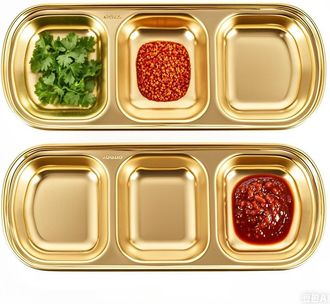 Cabilock 2 StüCk Edelstahl Dipschalen Gold, 3-Fach Geteilte Saucenschalen, Stapelbare GewüRzschalen FüR Zuhause, Restaurant, Party, Bbq, 20.5 X 8 Cm