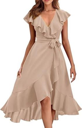 Generic Robe portefeuille pour femme avec col en V, manches courtes, volants et lacets, kaki, M