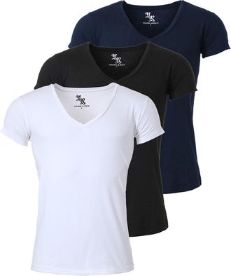 Young & Rich Herren Uni T-Shirt mit extra tiefem V-Ausschnitt Slimfit Stretch Dehnbare Passform einfarbiges Basic Shirt - 3er Pack, Gr&ouml;sse:XL, Farbe:Wei&szlig;/Schwarz/D