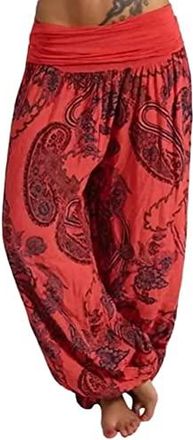 Minetom Femme Harem Pantalon Yoga Sarouel Legers Hippie Baggy Léger Ethnique Calqué Smockée Taille Haute avec Poches Été Plage Pantalon Aladin Jogging B Rouge