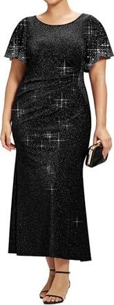 Ever-pretty Robe Grande Taille Femme Longue &Eacute;vas&eacute;e avec Manches Courtes Strass pour Mariage, Soir&eacute;e Noir 50