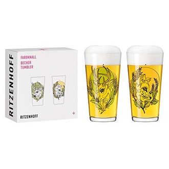 Ritzenhoff 3491001 Becher 400 ml - 2er Set - Serie Farbknall Set Nr. 1 - 2 Stück mit Tierillustration - Made in Germany