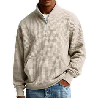 Generic Sweat-shirt gaufr&eacute; &agrave; manches longues avec fermeture &eacute;clair 1/4 pour homme, pull gaufr&eacute; d&eacute;contract&eacute; &agrave; manches longues avec poche, kaki, XXL