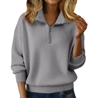 Generic Pull pour femme avec demi-fermeture éclair et col en V - Pull en tricot confortable en laine et cachemire - Tunique thermique et chaude - Hauts en pol