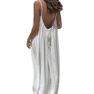 Generic Robe caraco dos nu pour femme, robe caraco dos nu, couleur unie, sans manches, avec noeud dans le dos, blanc, 3XL