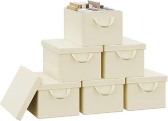 Woltu Lot de 6 Boîtes de Rangement Pliables, Paniers de Rangement en Tissu Non Tissé, avec Poignées et Couvercle, pour Vêtements et Jouets, Crème, 38x27x20c
