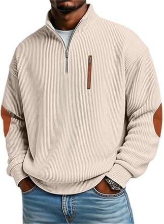 Generic Sweatshirts pour hommes à manches longues rayures chemises quart de fermeture éclair lâche pull tops sweatshirts texturés, abricot, 3XL