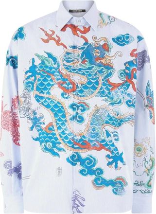 Roberto Cavalli Homme, Chemises, Multicolore, Taille: XL Chemise Avec Dragon, Fleurs et Papillons