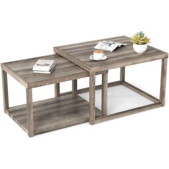 Costway Ensemble de 2 Tables Basses Gigognes, Tables dAppoint Rectangulaires Empilables avec &eacute;tag&egrave;re de Rangement, pour Salon, Chambre, Gris