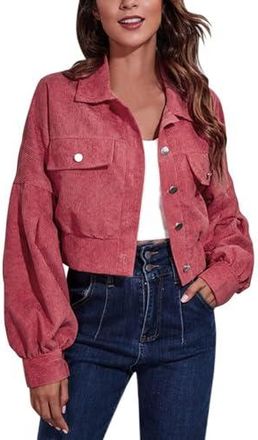 Generic 2026 Printemps Femmes Mode Velours C&ocirc;tel&eacute; Veste Automne Hiver &Eacute;paules Tombantes Manches Longues Courte, rouge past&egrave;que, M