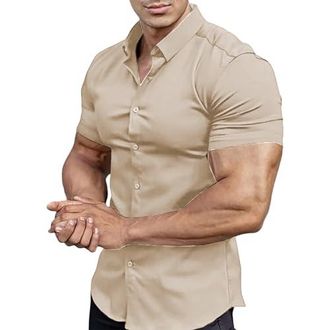 Generic Chemise habill&eacute;e coupe ajust&eacute;e pour homme, chemise daffaires &agrave; manches courtes, couleur unie, chemises formelles grande taille, hauts boutonn&eacute;s, haut 
