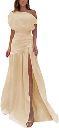 ORANDESIGNE Robe de Soirée à Une épaule Femme Elegant Robe Longue Été Maxi Robes sans Manche Fluide Fente Plissée Taille Haute Robe de Party Cocktail Robe dInvité