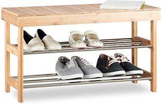Relaxdays 10021566, Schuhregal mit Sitzfl&auml;che, Bambus Schuhschrank f. 6 Paar Schuhe, Sitzbank m. Stauraum HBT: 43x74x30 cm, Natur
