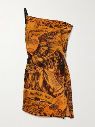 Acne Studios Schulterfreies Minikleid Aus Bedrucktem Stretch-mesh Mit Raffungen - Orange