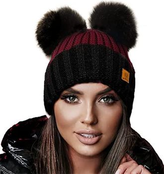 4sold Miki Mesdames Femmes dhiver Chapeau en Laine Tricoté Bonnet avec Double Pom Pom Cap Ski Snowboard Bobble (Maroon Black)