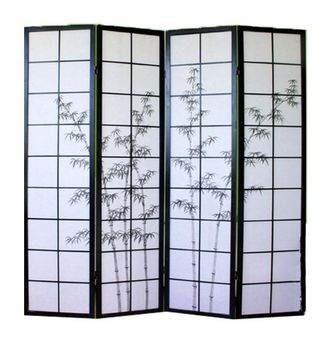 PEGANE Paravent bois noir avec dessin bambou noir - 4 pans