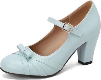 Generic Mary Jane Escarpins vintage avec noeud et bout rond et sangle de cheville pour femme, bleu, 34 EU