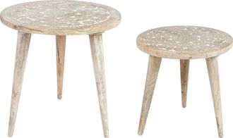 Beliani Beistelltisch 2er Set Mango Holz Hellbraun/wei&szlig; rund dreibeinig verziert Uday