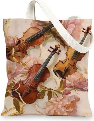 Generic Sacs fourre-tout en toile musicale, motif floral élégant violon, sacs dépicerie réutilisables, légers et lavables avec bandoulière en toile B, pêche, 