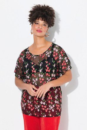 Miamoda Druckbluse Blusenshirt Classic Fit Mesh Bl&uuml;tenstickerei
