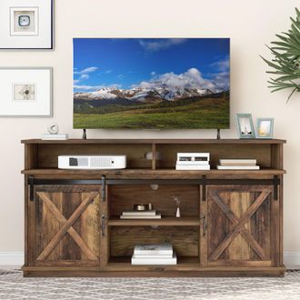 Generic QXJVA TV-Schrank 148 cm Landhausstil Sideboard mit Schiebet&uuml;ren & Verstellbaren Regalen TV-M&ouml;bel Scheunentor-Design Kommode Viel Stauraum Fernsehtisch