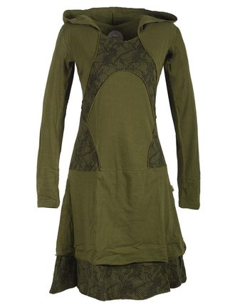 vishes Alternative Bekleidung - Damen Langarm Lagenlookkleid aus Baumwolle mit Zipfelkapuze Olive 34-36