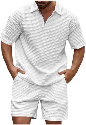 Generic Ensemble polo et short dété pour homme - 2 pièces - Motif à carreaux - Col zippé - Manches courtes - Décontracté - Léger - Confortable - Tenue dété, b
