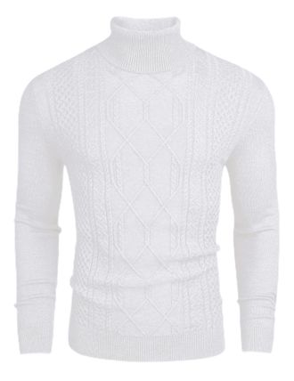 Coofandy Herren Pullover Winter Strickpullover Rollkragenpullover Slim Fit Zopfmuster Herrenpullover Langarm Pulli Ohne Kapuze Sweatshirt Wei&szlig; XXXL