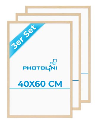 Photolini Bilderrahmen 40x60 Holz MDF Natur, 3er Set Bilderrahmen 60x40 natur, Rahmen 40x60 mit bruchsicherem Acrylglas zum Aufh&auml;ngen, picture frame 60x40 mit e