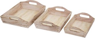Mendler 3er Set Tablett HWC-C50, Serviertablett Holztablett Frühstückstablett Dekotablett, Shabby-Look Vintage - naturbraun