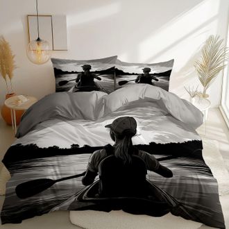 Generic Bettw&auml;sche Drau&szlig;en Kanu Paddeln Silhouette Digitaldruck 3 Teilig Bettw&auml;sche Bettbezug Set Mikrofaser Bettbez&uuml;ge Grau F&uuml;r Erwachsene Kinder Teenager, M