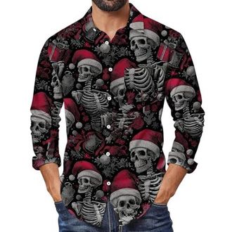 Generic Chemises hawa&iuml;ennes de No&euml;l pour homme - Chemise de plage &agrave; manches longues effrayante t&ecirc;te de mort pour les vacances et le quotidien, No&euml;l effrayant-