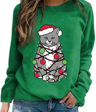 ORANDESIGNE Cadeaux de No&euml;l Femmes Sweatshirts de No&euml;l &agrave; Manches Longues Sweat Imprim&eacute; de No&euml;l Pull Tops Chemisier C Vert XXL