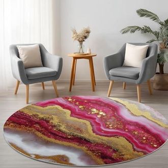 Generic Abstrait Rose Doux Tapis Rond 150 cm, Lavable Antid&eacute;rapant Poil Ras Carpet, Motif Lignes Marbre Descente de Lit Chambre Adulte Salon Salle a Manger Bu