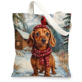 Generic Sac fourre-tout en toile r&eacute;utilisable avec motif teckel de No&euml;l pour faire ses courses, 33 x 38,1 cm, sac d&eacute;picerie r&eacute;utilisable pour homme et femme, 