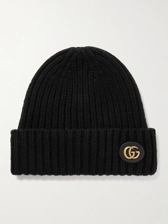 Gucci Victor Beanie Aus Einer Gerippten Woll-kaschmirmischung Mit Applikation - Schwarz
