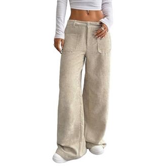 Generic Pantalon décontracté en velours côtelé pour femme - Jambe droite - Doux - Uni - Pantalon long tendance avec poches pour femme, abricot, XL