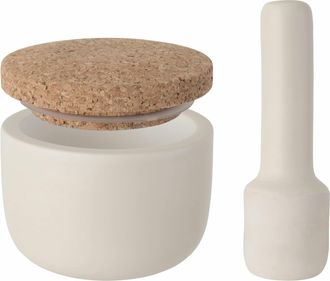 Berghoff 3950032 Leo M&ouml;rser und St&ouml;&szlig;el aus Steinzeug mit Korkdeckel, 10 x 9 x 4 cm, wei&szlig;