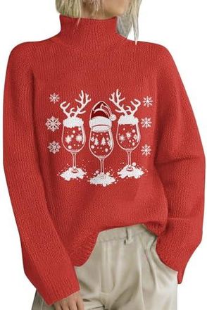 Generic Pull &agrave; col roul&eacute; pour femme - Col montant - D&eacute;contract&eacute; - Coutures de No&euml;l - Pull en tricot imprim&eacute; pour entra&icirc;nement en plein air - Cadeau de No&euml;l, R