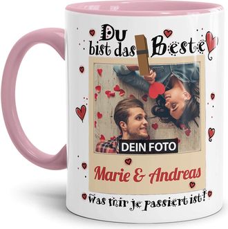 Tassendruck Fototasse mit Spruch - Du bist das Beste - personalisiert mit Wunschfoto und Wunschnamen - S&uuml;&szlig;es Geschenk f&uuml;r Paare - Innen & Henkel Rosa