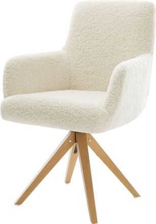DELIFE Esszimmerstuhl Heira-Flex mit Armlehnen Holzgestell kantig Natur Teddystoff Beige 180&deg; drehbar Taschenfederkern